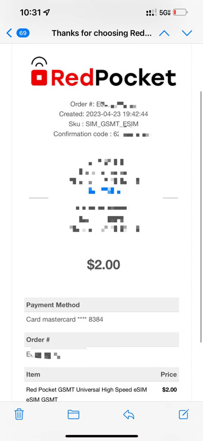 Red Porcket eSIM美国电话卡购买和激活教程,保号套餐$2.5/月 - 接码号